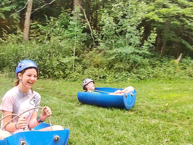 Adventure comes in blue plastic boats! These land-kayakers prove that Mount Carroll knows how to create joy from the simplest of pleasures.