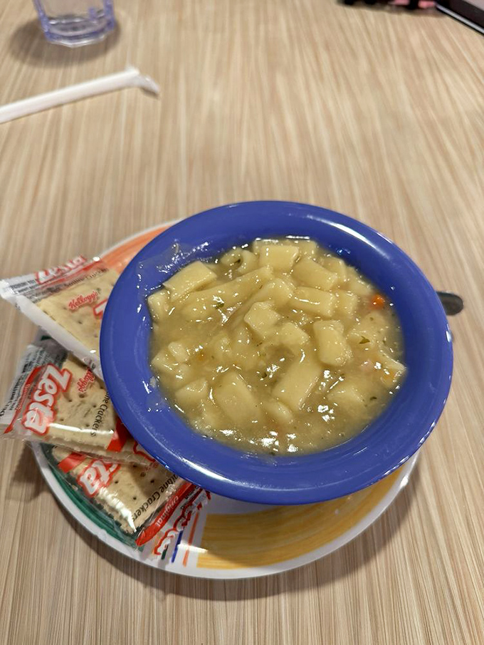 Comfort in a blue bowl&mdash;this chicken noodle soup doesn't need fancy ingredients, just the power to cure whatever ails you.
