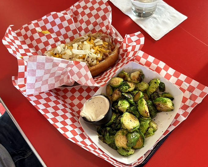 Brussels sprouts that could convert vegetable skeptics and a hot dog that's dressed better than most people at the mall.