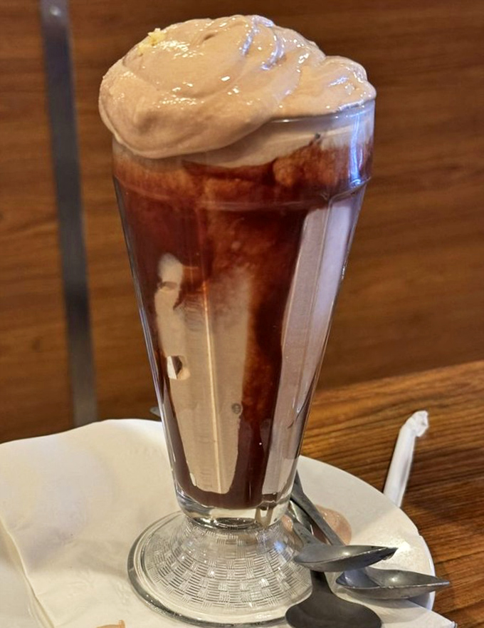 The chocolate malt shake stands tall like a creamy skyscraper, demanding respect and a sturdy straw. This isn't a drink; it's a commitment.