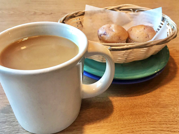 The classic diner mug&mdash;keeping America caffeinated since forever&mdash;paired with homemade muffins that whisper, "One more bite won't hurt."