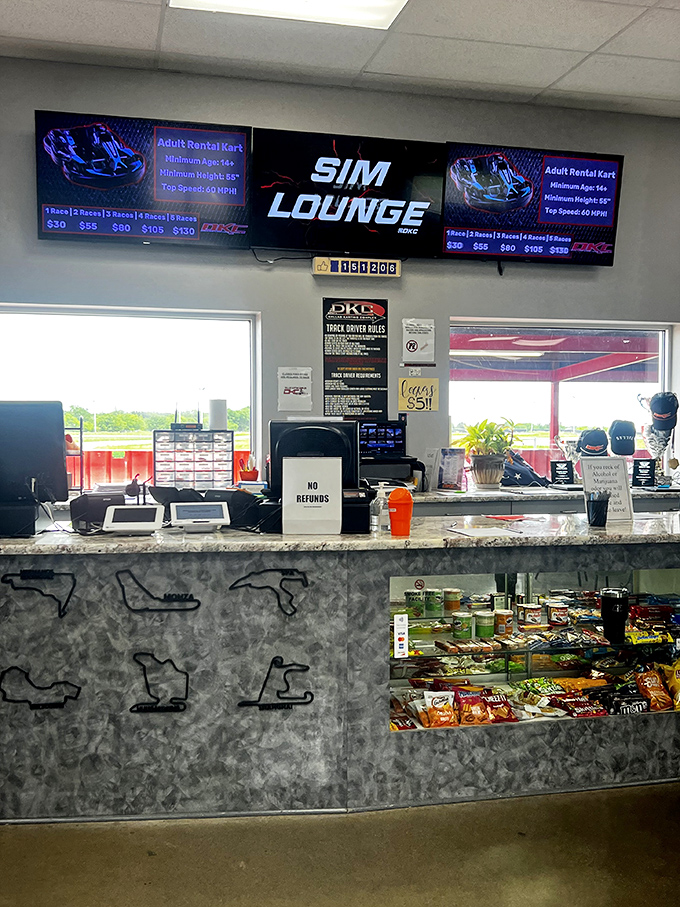 Command central: where racing dreams begin, wallets lighten, and the staff patiently explains that, no, you cannot drift like in the movies.