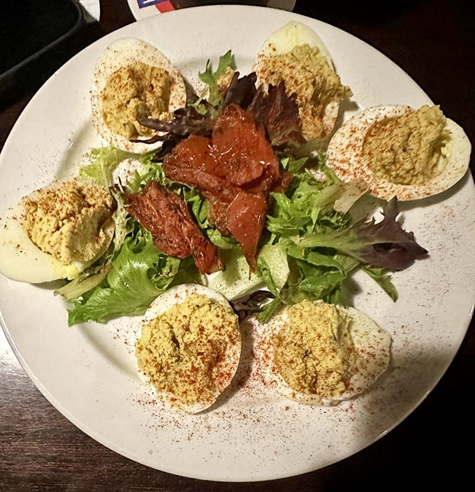 Deviled eggs arranged like a delicious clock face, dusted with paprika. A British-American fusion that proves some special relationships are meant to be.