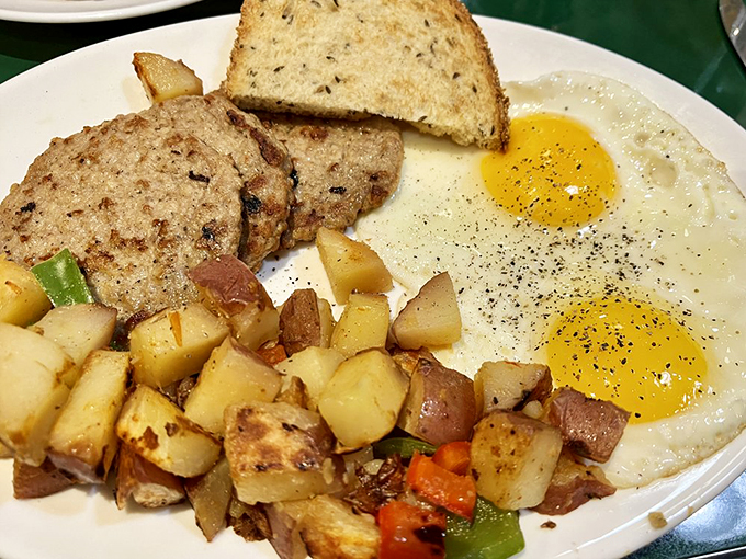 Breakfast doesn't get more honest than this. Those sunny-side-up eggs are practically winking at you, promising a good day ahead.