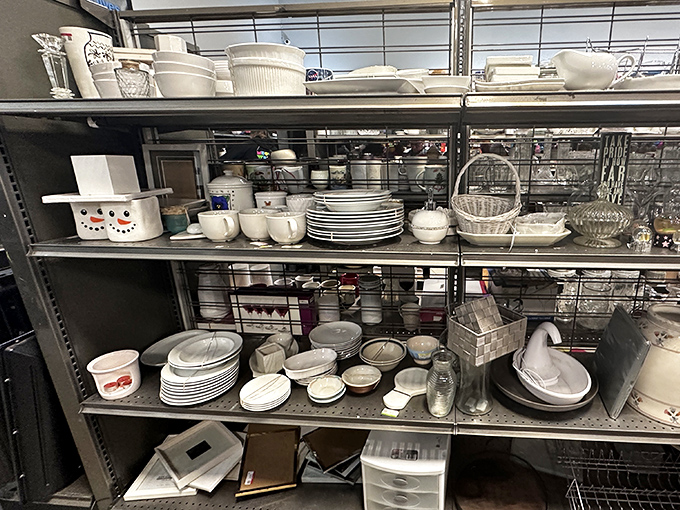 Dish department dreams come true with stacks of potential place settings. Mix-and-match paradise for those who believe dinnerware should tell a story.
