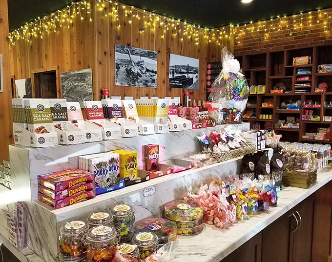 Marble countertops showcase an array of treats that would make Willy Wonka himself nod in approval.