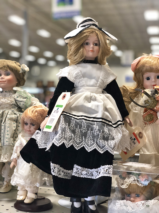 Porcelain faces from another era stare back with knowing eyes. Someone's grandmother once lovingly displayed these on a special shelf.