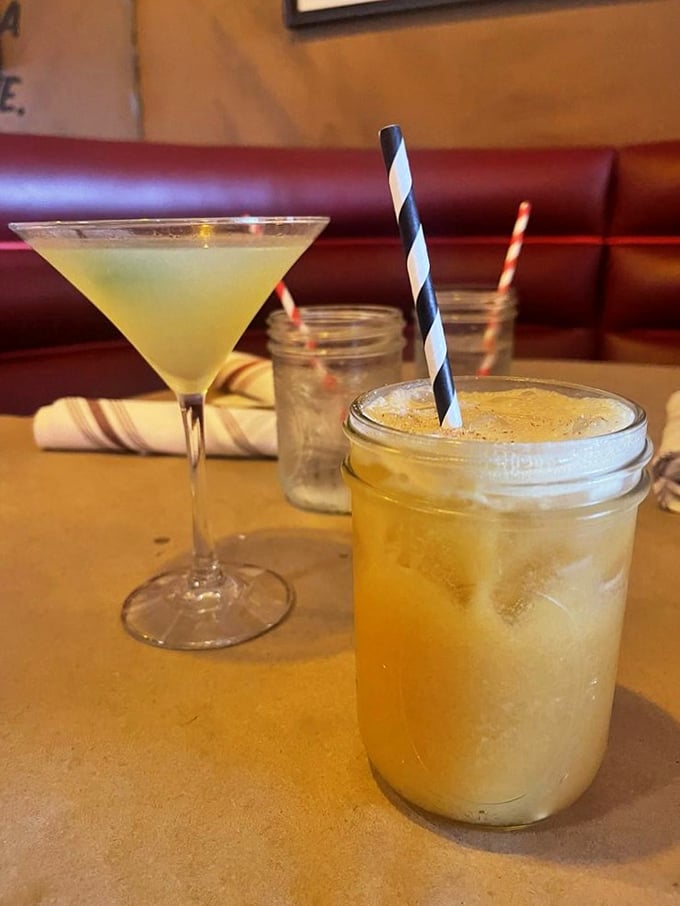 Cocktails served in vessels ranging from sophisticated to whimsical. That mason jar isn't being ironic&mdash;it's just living its best Midwestern life.