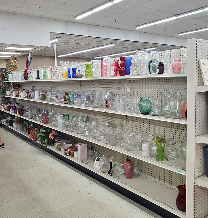 The glassware aisle sparkles with potential toast-making vessels. One person's downsized collection becomes another's entertaining essential.