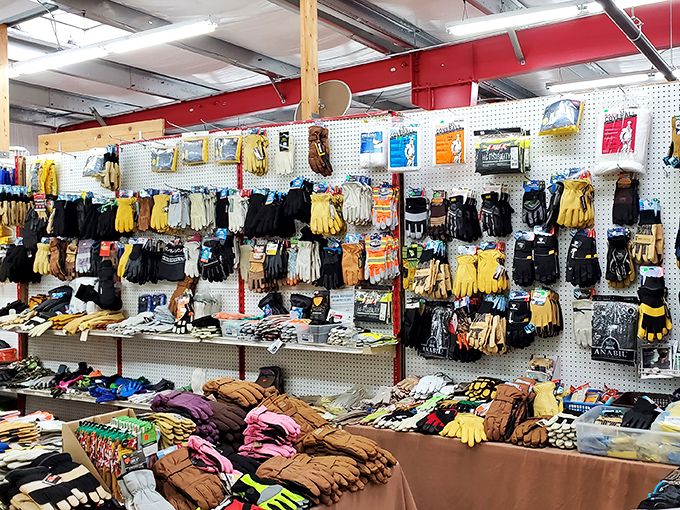 Work glove wonderland where every manual labor need is covered. Your grandfather would approve of both the selection and practical display approach.