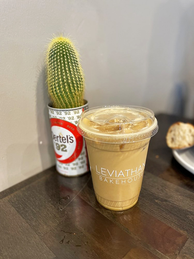 A cactus keeps watch over an iced latte—the perfect companion for surviving the urban jungle or just a Wednesday afternoon.