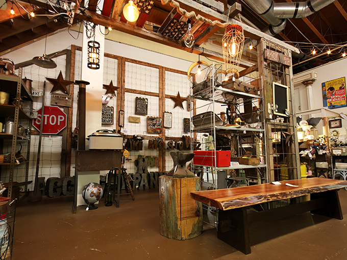 Industrial meets rustic in this treasure trove of metal stars, vintage signs, and reclaimed wood. That live-edge table would be the conversation piece in any modern home.