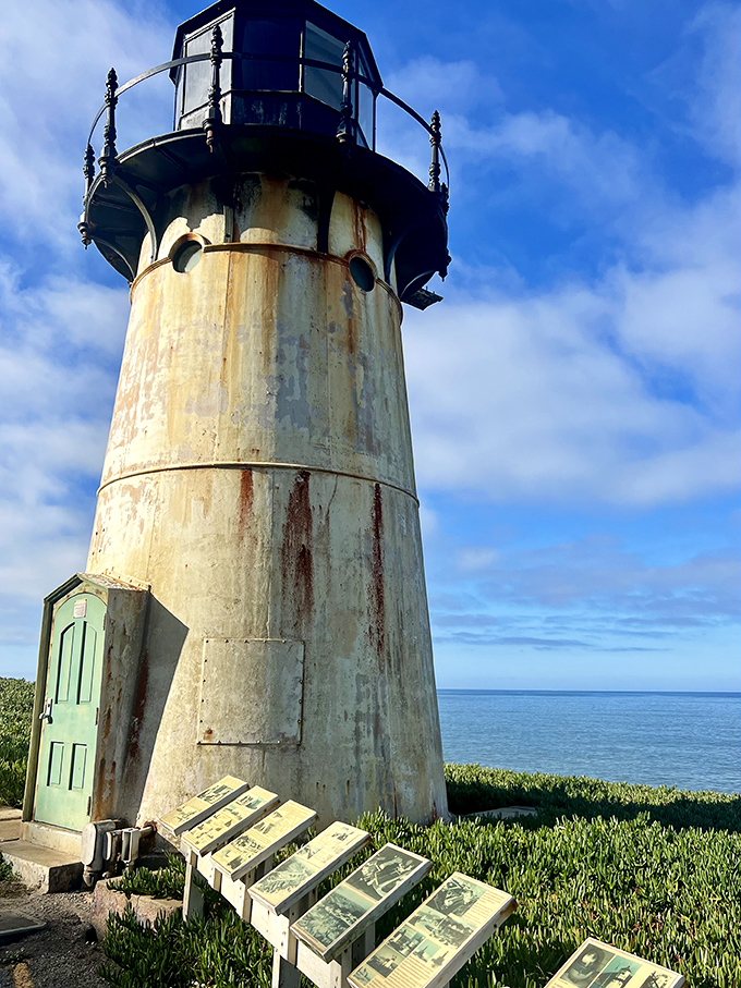 Up close and personal with a weathered maritime guardian. The lighthouse's patina tells stories of decades facing the relentless Pacific elements—a metaphor for coastal resilience.