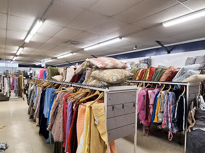 Clothing racks topped with pillows&mdash;because in the thrift store universe, organization follows its own delightfully chaotic logic.