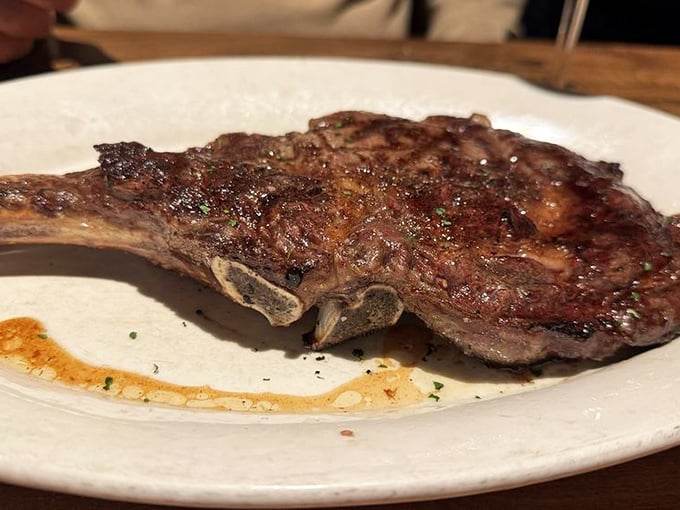 The long bone ribeye isn't just dinner&mdash;it's prehistoric satisfaction. Fred Flintstone would approve of this magnificent meat masterpiece.