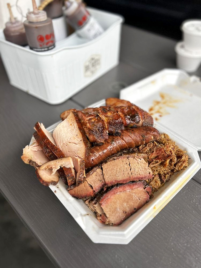 A barbecue sampler that renders conversation unnecessary. When the meat speaks this eloquently, your job is simply to listen... with your mouth.