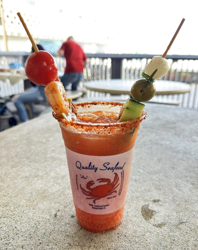 Their Bloody Mary comes with its own seafood appetizer. It's breakfast, cocktail, and ocean adventure all in one glass.