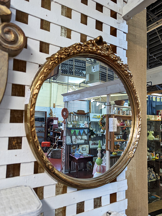 Mirrors within mirrors&mdash;this ornate gold frame doesn't just reflect your face, but glimpses into other worlds of vintage treasures beyond.