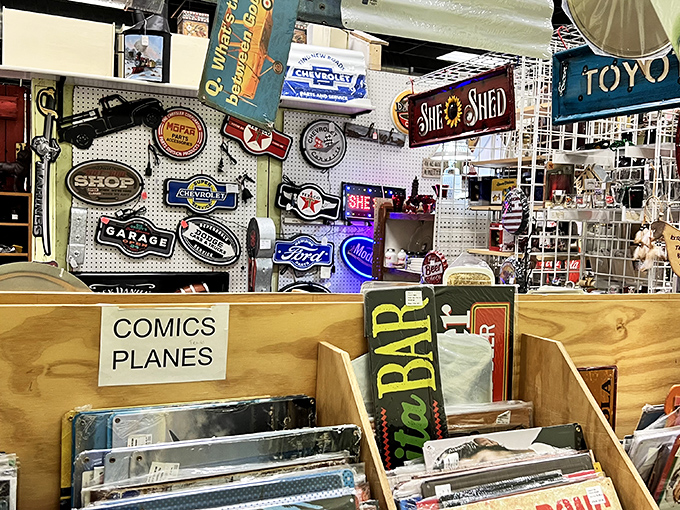 The "man cave" motherlode! Vintage automotive and shop signs that transform garages from car storage to personal museums.