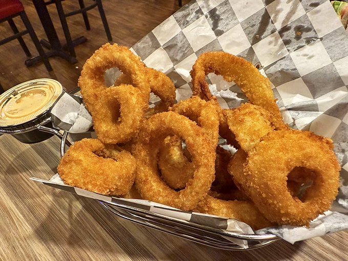 Golden halos of crispy goodness. These onion rings deserve their own theme music when they arrive at your table.
