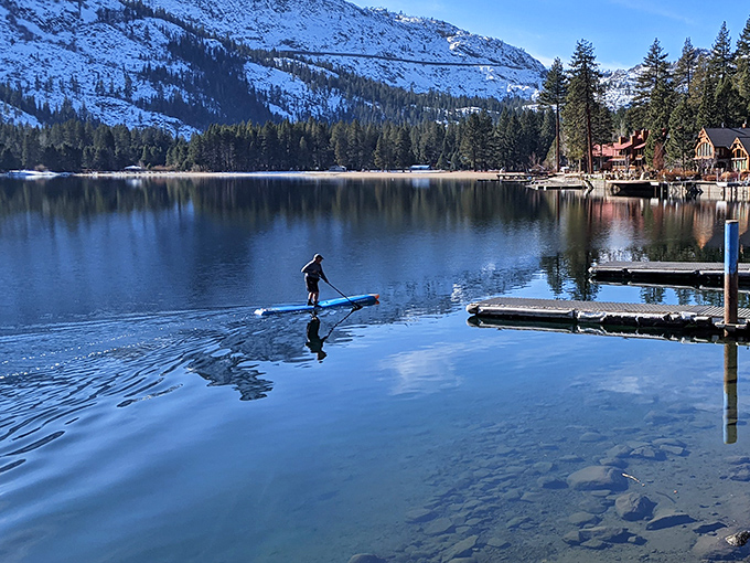 Early morning paddle on Donner Lake—when the water looks like glass and your worries seem as distant as your inbox.