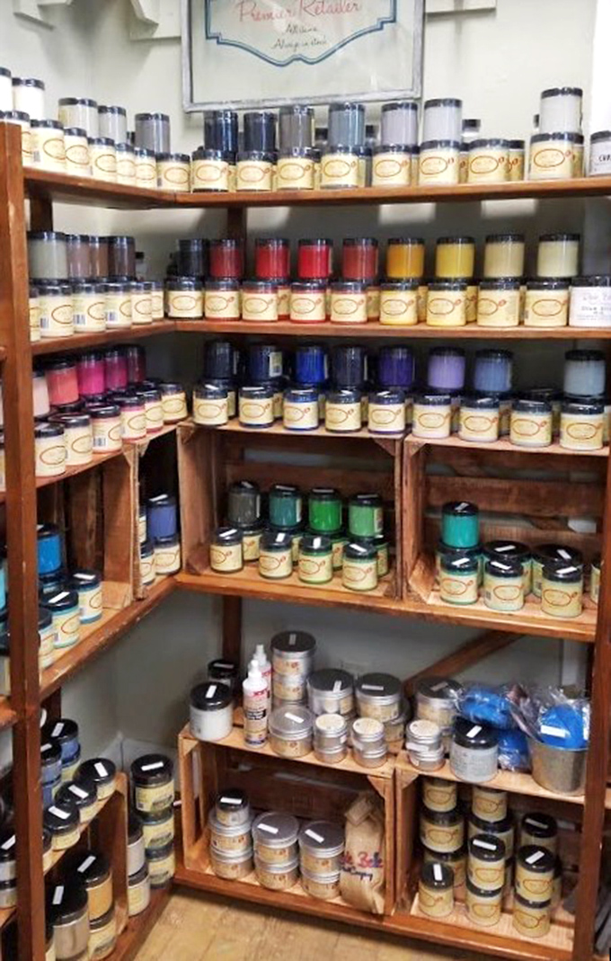 A rainbow of possibilities lines these shelves&mdash;each jar containing someone's next creative project or the perfect shade for restoring a mid-century treasure.