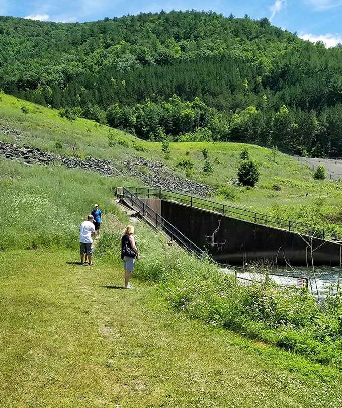 Dam explorers getting that rare "engineering appreciation" moment. Concrete never looks more beautiful than when it's holding back a mountain lake.