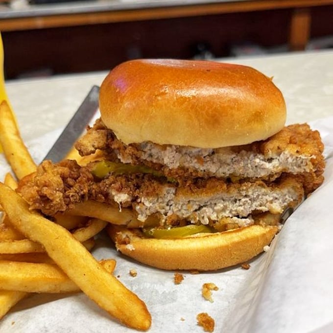 The breaded tenderloin&mdash;Indiana's state sandwich in all its glory. Crispy, golden perfection that extends well beyond its bun boundaries, as tradition demands.