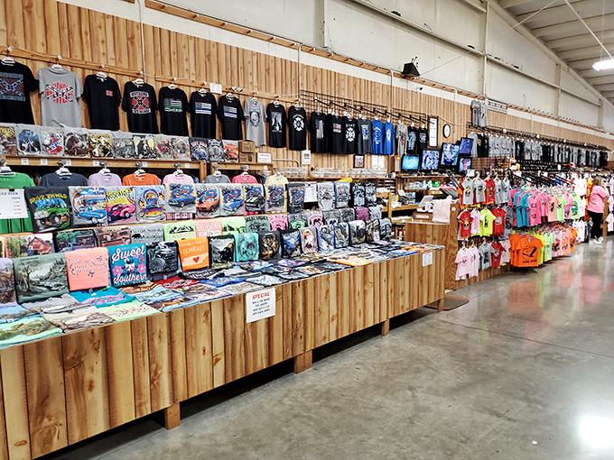 T-shirt alley&mdash;where local pride meets vacation memories. The unofficial Tennessee dress code, displayed in every shade of orange imaginable.
