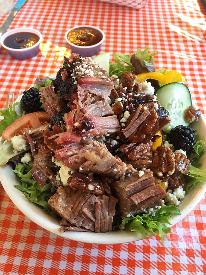 Who said salads can't be exciting? This one's having an identity crisis, thinking it's a barbecue plate with its generous helping of smoky brisket.