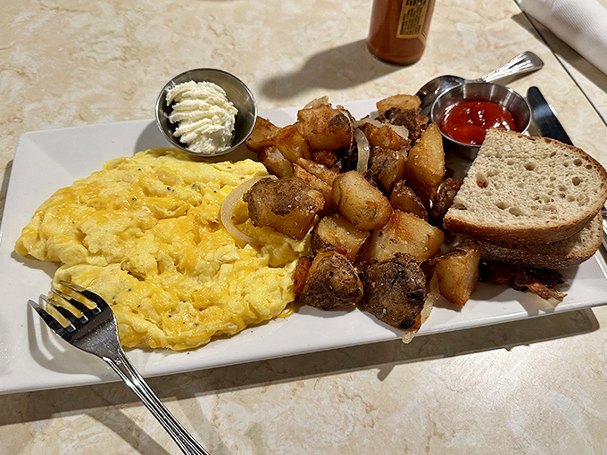 Breakfast fundamentals executed with flair. Those potatoes have clearly been to finishing school&mdash;they're perfectly dressed for the occasion.