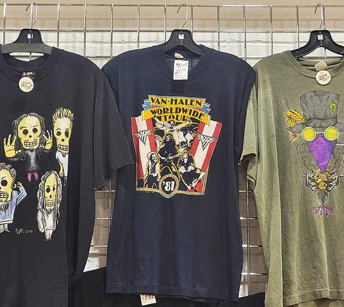 Concert tees and vintage finds hang like a rock-and-roll museum where everything's actually for sale affordably.