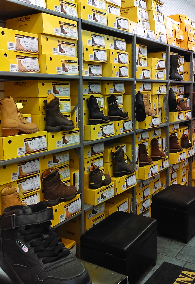 Boot heaven! A wall of Carolina work boots that would make Tim "The Tool Man" Taylor grunt with approval. Practical fashion at its finest.