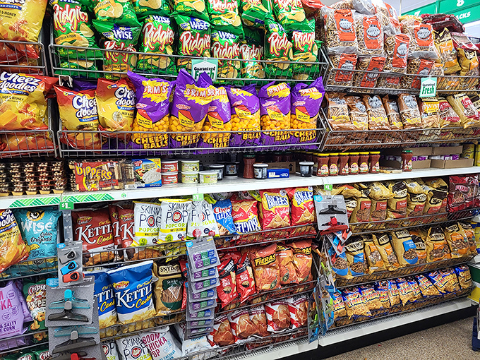 Chip aisle nirvana&mdash;where snack dreams are born and diets go to die. Every road trip essential from Ruffles to Cheetos awaits your shopping cart's embrace.