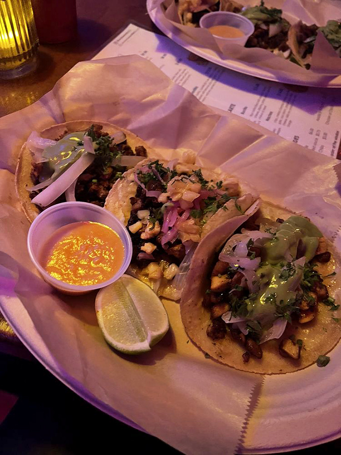 Tacos presented with the care of tiny edible art installations. The bright garnishes aren't just pretty&mdash;they're flavor fireworks waiting to explode.