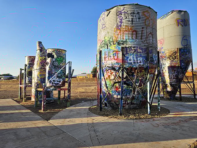 These graffiti-covered tanks prove Cadillac Ranch's influence extends beyond cars. Even industrial structures become canvases for public expression nearby.