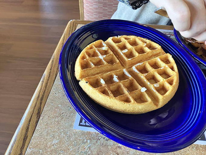 A waffle so perfectly golden it belongs in Fort Knox. Just waiting for that cascade of maple syrup to transform it into breakfast nirvana.