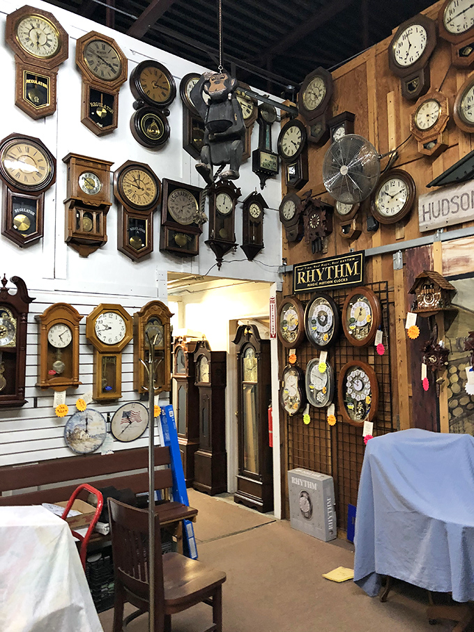 Wall-to-wall nostalgia in the form of pendulums and hour hands. Somewhere, a grandfather clock enthusiast is hyperventilating.