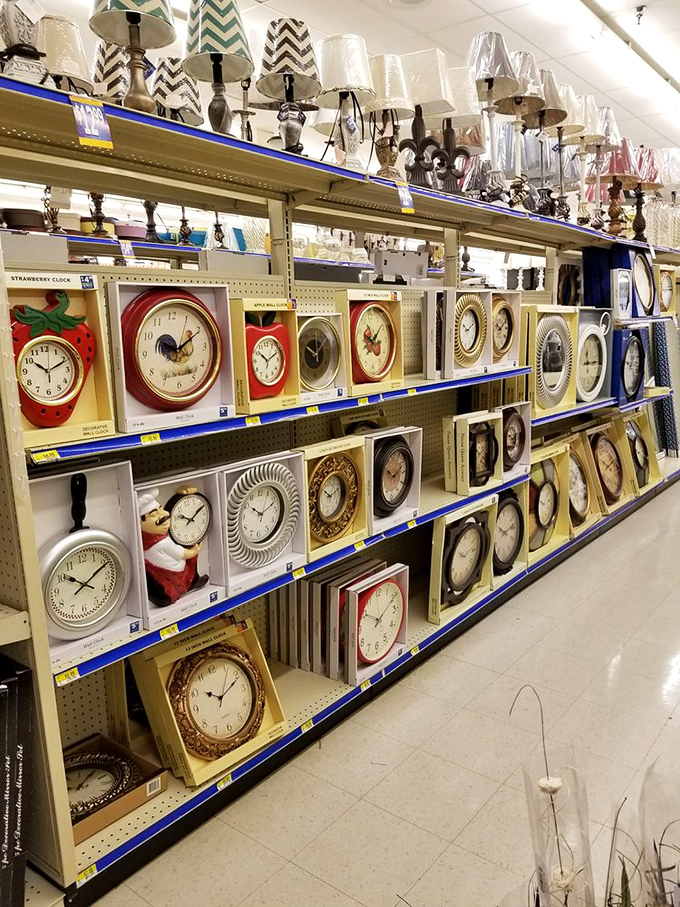 Wall clock heaven! Time literally stands still as you contemplate which decorative timepiece will best judge you for being late.