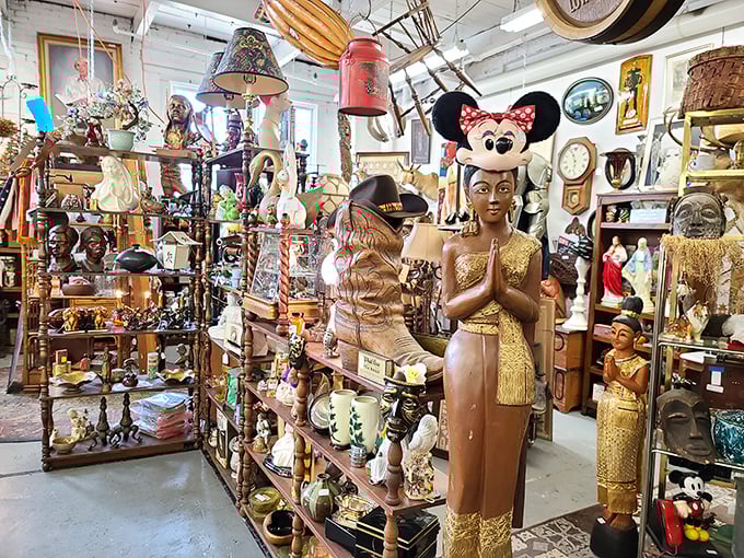 Where spiritual artifacts meet pop culture icons&mdash;Mickey Mouse keeping company with Buddha statues in a delightful cross-cultural conversation across time.