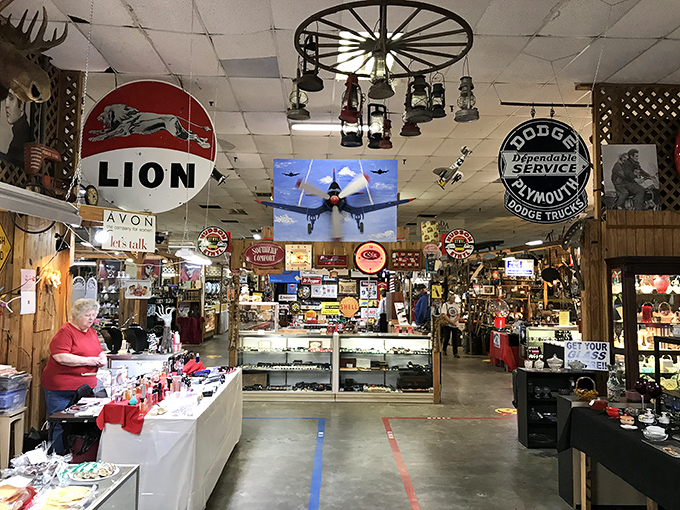 Vintage signs and memorabilia create a time-travel experience at Hattiesburg's 49 Flea Market.
