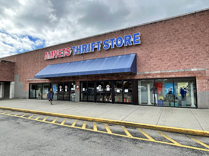 Amvets' no-nonsense brick facade houses a thrifting universe where yesterday's treasures await tomorrow's homes.