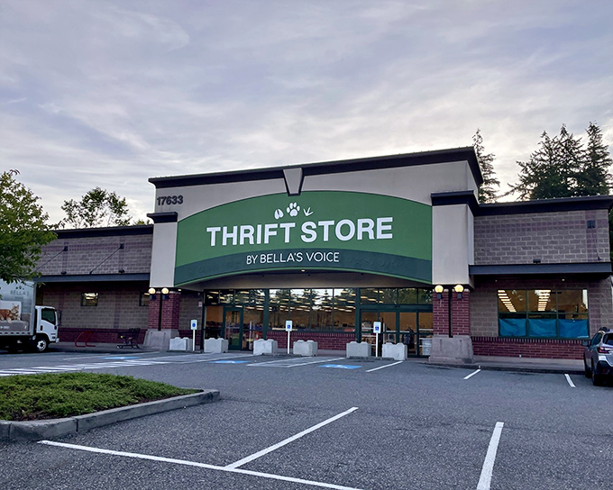 Bella's Voice speaks volumes with its distinctive green paw-adorned sign. Thrifting with a purpose looks good on this building!