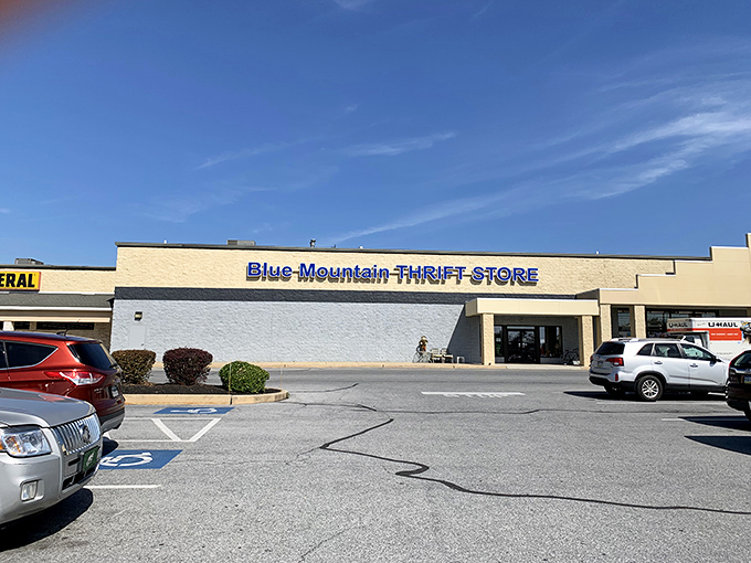 "Blue Mountain's bold signage stands out against the clear sky. This Palmyra gem houses departments that could swallow hours."