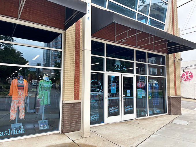 Buffalo Exchange's modern storefront brings urban thrifting vibes to Nashville's eclectic Elliston Place.