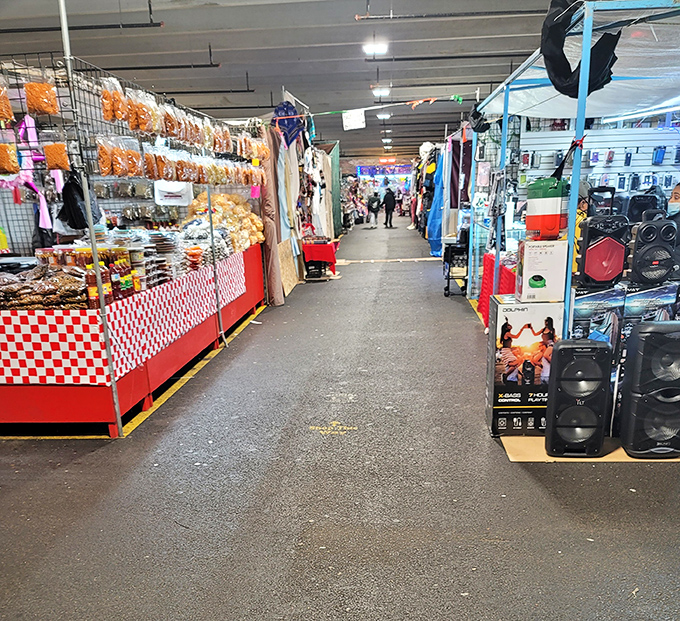 Colorful merchandise lines Buyers Market's aisles like an indoor street festival where every booth offers new surprises.