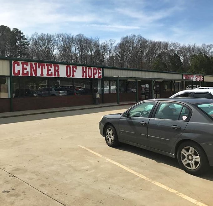 Bold red letters announce a thrifter's paradise. Center of Hope's straightforward approach lets the treasures inside do the talking.