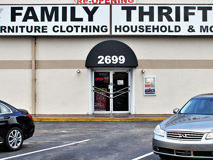 The bold storefront signage makes this thrift shop an easy stop for serious bargain hunters.