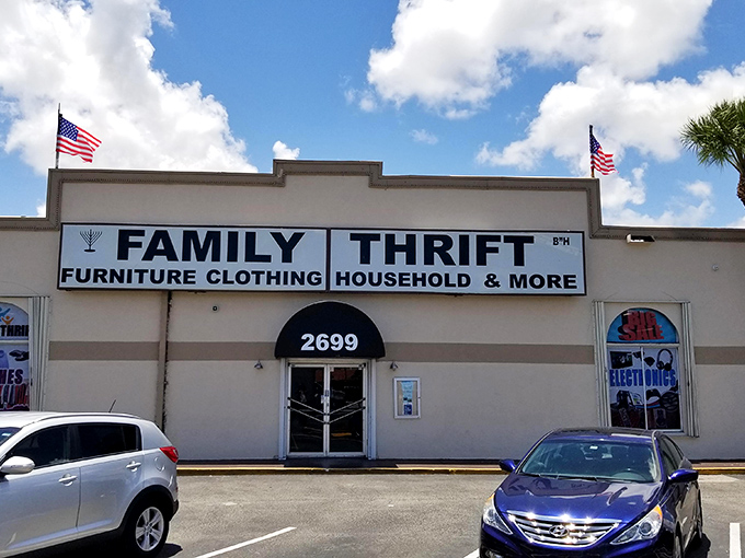 Family Thrift flies the flag proudly, promising patriotic prices on pre-loved treasures.