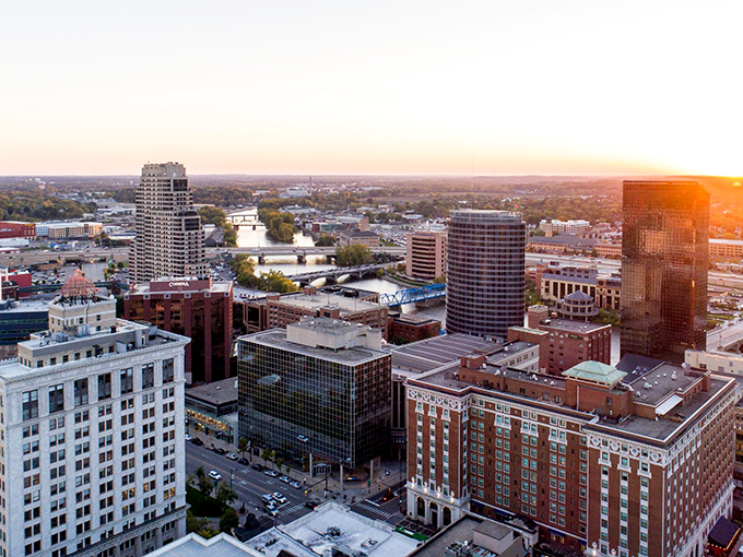 Grand Rapids' riverside view: "City lights reflecting on water &ndash; Grand Rapids offers urban amenities with prices that won't give you sticker shock."